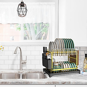 IBEDMAZIE Dish Drying Rack Gold, Multifunctional Dish Racks for Kitchen Counter with Drainboard 2 Tier Dish Drainer Large Capacity for Dish/Knifes/Cup/Cutting Board