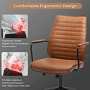Brown Leather Office Chair, Ergonomic Mid-Back Executive Conference Task Chair, Ribbed Height Adjustable Swivel Rolling Chair for Home Office (Brown)