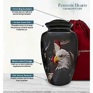 Honorary Memorials Patriotic Hearts Eagle Urn for Human Ashes | American Flag Cremation Urn for Adults, Cremation Urn for Veteran, Cremation Urns Medium Size, Handmade Funeral Urns with Velvet Bag