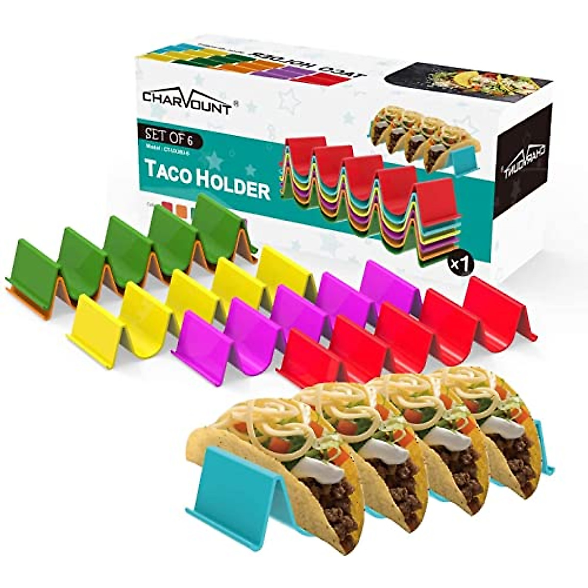 Charmount Taco Holder Stand, Set of 6 New Upgrade Colorful Taco Rack Holders - Premium Taco Shell Holder Stand on Table, Hold 5 Hard Shell Tacos Serving Tray, Dishwasher & Microwave Safe
