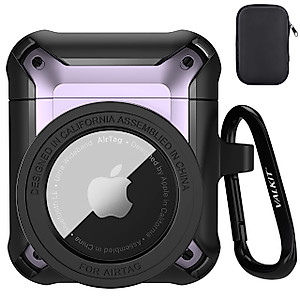 Valkit Compatible Airpods Case and AirTags Case Cover, 2 in 1 Rugged Protective Case Shockproof Air Pod 2 Case for Men Women with Keychain iPod Skin for Airpods 1/2 Gen and Airtag 2021, Black/Purple