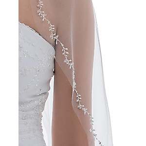 SAMKY 1T 1 Tier Offset Floral Vine Edge Crystal Pearl Veil - Light Ivory Fingertip Length 36" V580