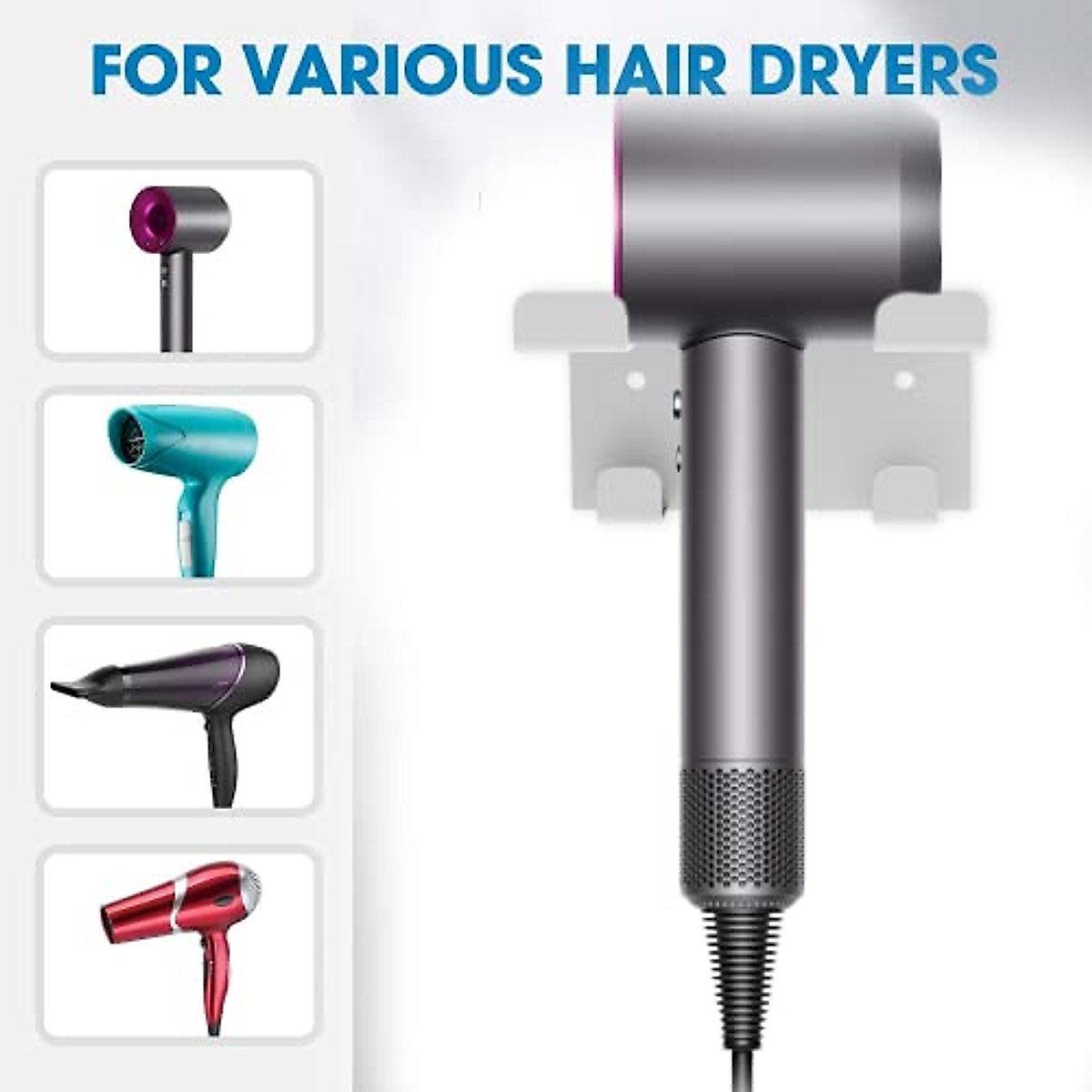Hair Dryer Holder Wall Mounted - Hanging Blow Dryer |Blow Dryer Holder Rack for Dyson Supersonic Hair Dryer Stainless Steel, Hair Dryer Rack for Bathroom | Black (White)