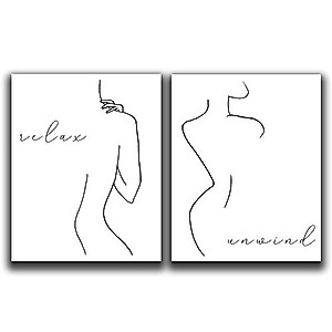 Abstract Minimalist"Relax, Unwind" Wall Decor - Set of 2-8"x10" UNFRAMED Prints - Modern, Minimal, Black And White Line Art - Female Figure Silhouette - Bathroom Wall Decor