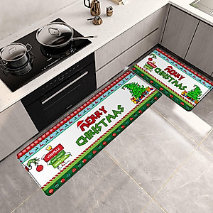 Moladika Merry Christmas Kitchen Mats Set of 2 Grinchmas Kitchen Mats for Floor Winter Xmas Tree Red and Green Cushioned Anti-Fatigue Floor Mats