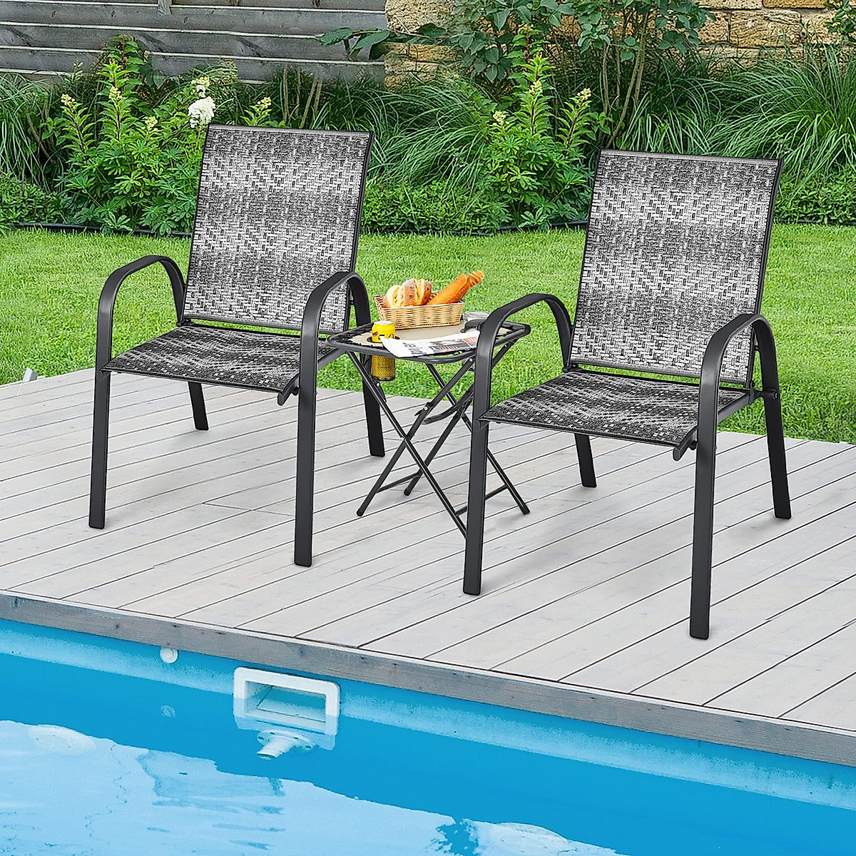 Tangkula Set of 6 Outdoor PE Wicker Stackable Chairs, Patio Dining Chairs with Sturdy Steel Frame, Outdoor Arm Chairs for Garden, Yard, Deck and Lawn (1, Mix Grey)