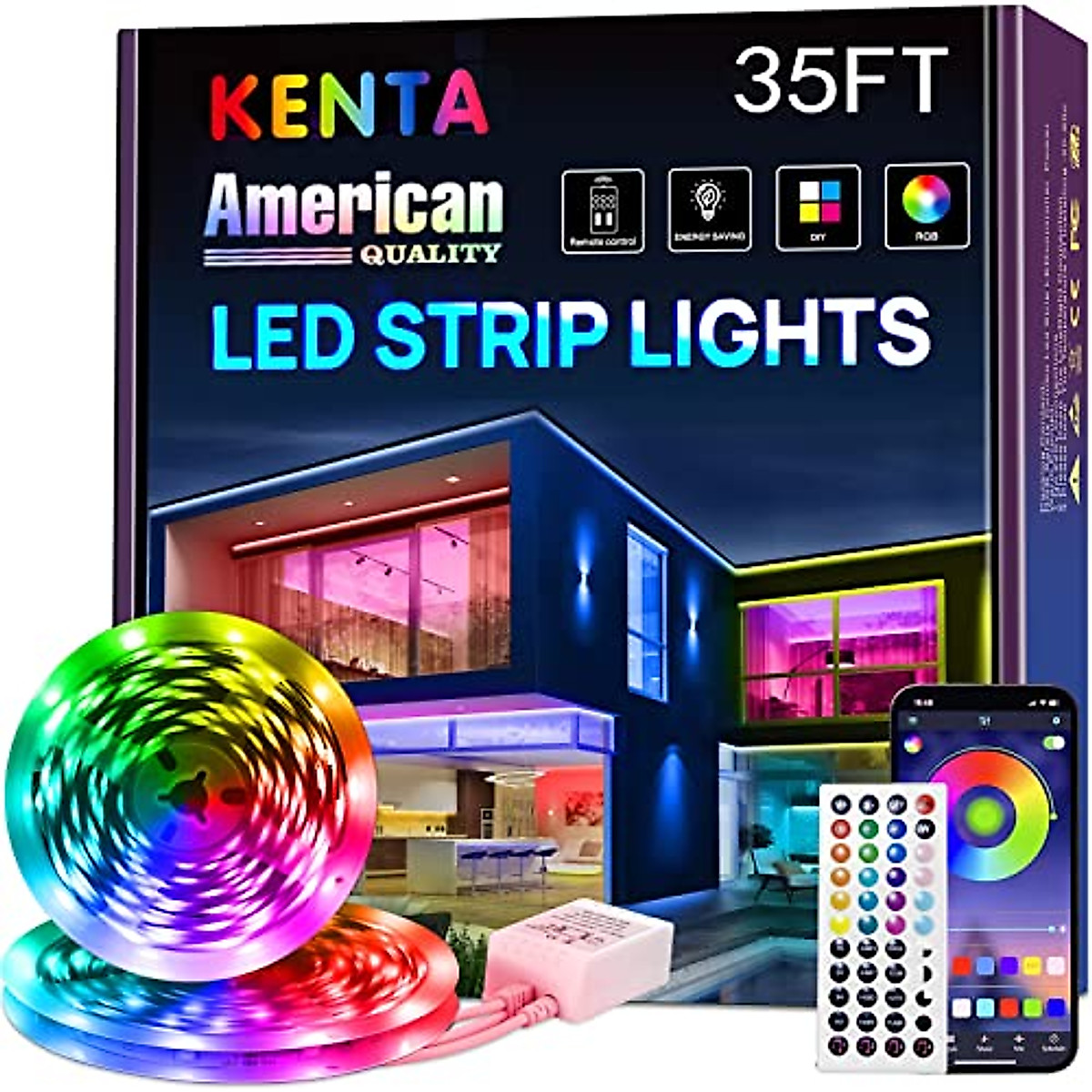 KENTA Led Strip Lights 35ft Smart Light Strips with App Control Remote, 5050 RGB Led Lights for Bedroom, Music Sync Color Changing Lights for Room Party