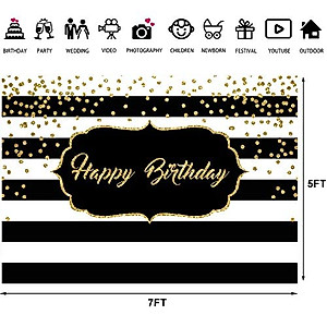 Black and White Stripes Happy Birthday Backdrop Gold Shining Dots Birthday Party Photography Background for Adults Sweet Birthday Party Photo Banner Props 7x5ft