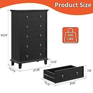 COWMOU Black Dresser for Bedroom, Chest of Drawers Tall 5 Drawers Dresser, Wooden Storage Dresser with Three-Level Silent Drawer Slide for Living Room, Hallway