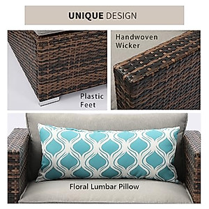 HOMPUS 6 Pieces Outdoor Furniture Set, All-Weather Patio Conversation Set Brown Handwoven Wicker w/Washable Gray Cushions, Glass Coffee Table, Modular Sectional Sofa Set for Backyard Garden Deck Pool