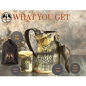 OLDEMPEROR Viking Drinking Horn Mug, 15-20oz| Shot Glass and Bottle Opener| Unique Handmade Viking Spacial Gifts for Men and Women - Food Grade Medieval Style (Fenrir)