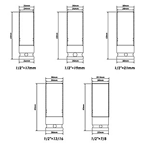MIXPOWER 5 Pieces 1/2" Drive Wheel Protector Impact Socket Set, CR-MO, Metric/SAE, Thin Wall Deep Impact Socket Set, 6 Point, Color-Coded, 17mm, 19mm, 21mm, 13/16", 7/8"