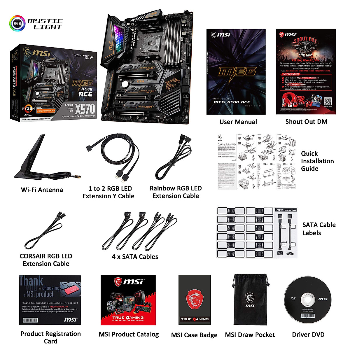 MSI MEG X570 ACE Motherboard (AMD AM4, DDR4, PCIe 4.0, SATA 6Gb/s, M.2, USB 3.2 Gen 2, AX Wi-Fi 6, 2.5G LAN, ATX)