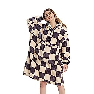 PSII Planet Sister Original Oversized Sherpa Hoodie Blanke ,Wearable Blanket for Adults, One Size Fits All(Beige-Black) X-Large a-899