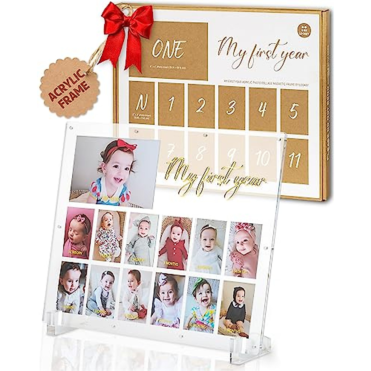 LOOKEY My First Year Acrylic Baby Picture Keepsake Frame, Monthly Milestone, 12 month Photos, Gender-Neutral Nursery Décor, First Birthday Monthly Photo Collage, Baby Shower, New Mom Gift