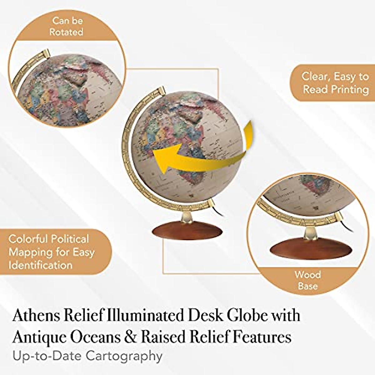 Waypoint Geographic Athens Relief Globe, 12" Illuminated Antique Ocean-Style World Globe with Raised Relief, Up-to-Date Reference Globe, Decorative Globe for Home and Office Decor