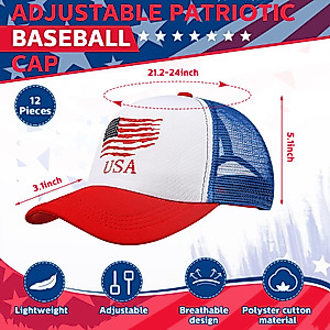 Jeyiour 12 Pcs Patriotic American Flag Hat 4th of July Baseball Cap Adjustable Trucker Hat Mesh Cotton Cap for Men Women (Blue, Red,USA)