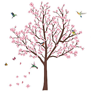 2 Sheets Removable Pink Peach Tree Wall Decals Cherry Blossom Trees Wall Stickers Birds Butterfly Wall Decal Home Art Decor for Kids Girls Babys Bedroom Nursery Room Living Room Decorations (A)