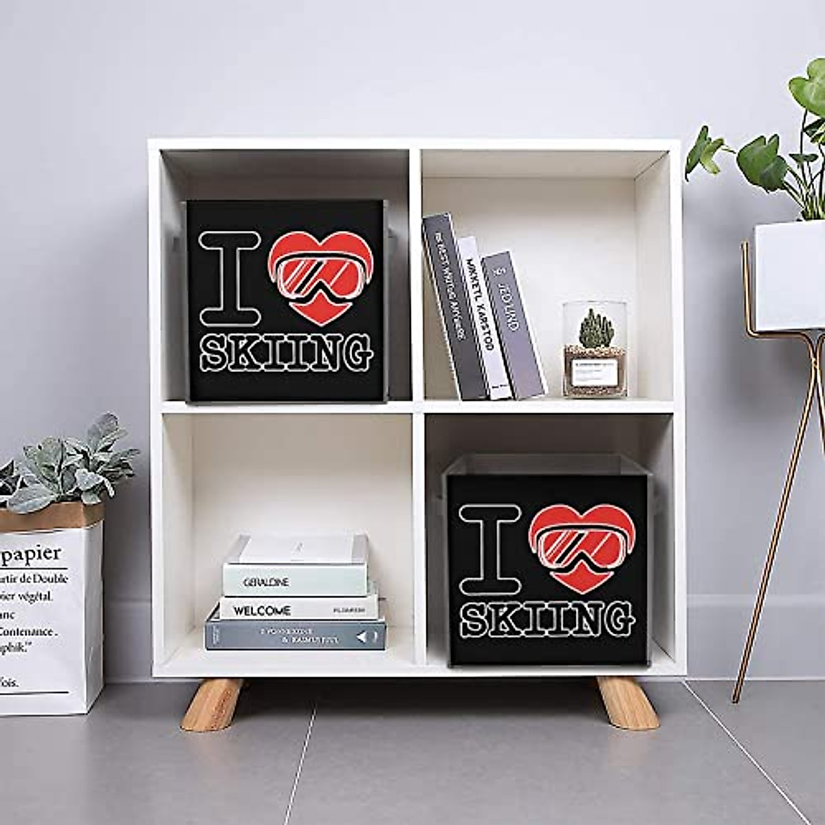 I Love Skiing Foldable Storage Bins Printd Fabric Cube Baskets Boxes with Handles for Clothes Toys, 11x11x11