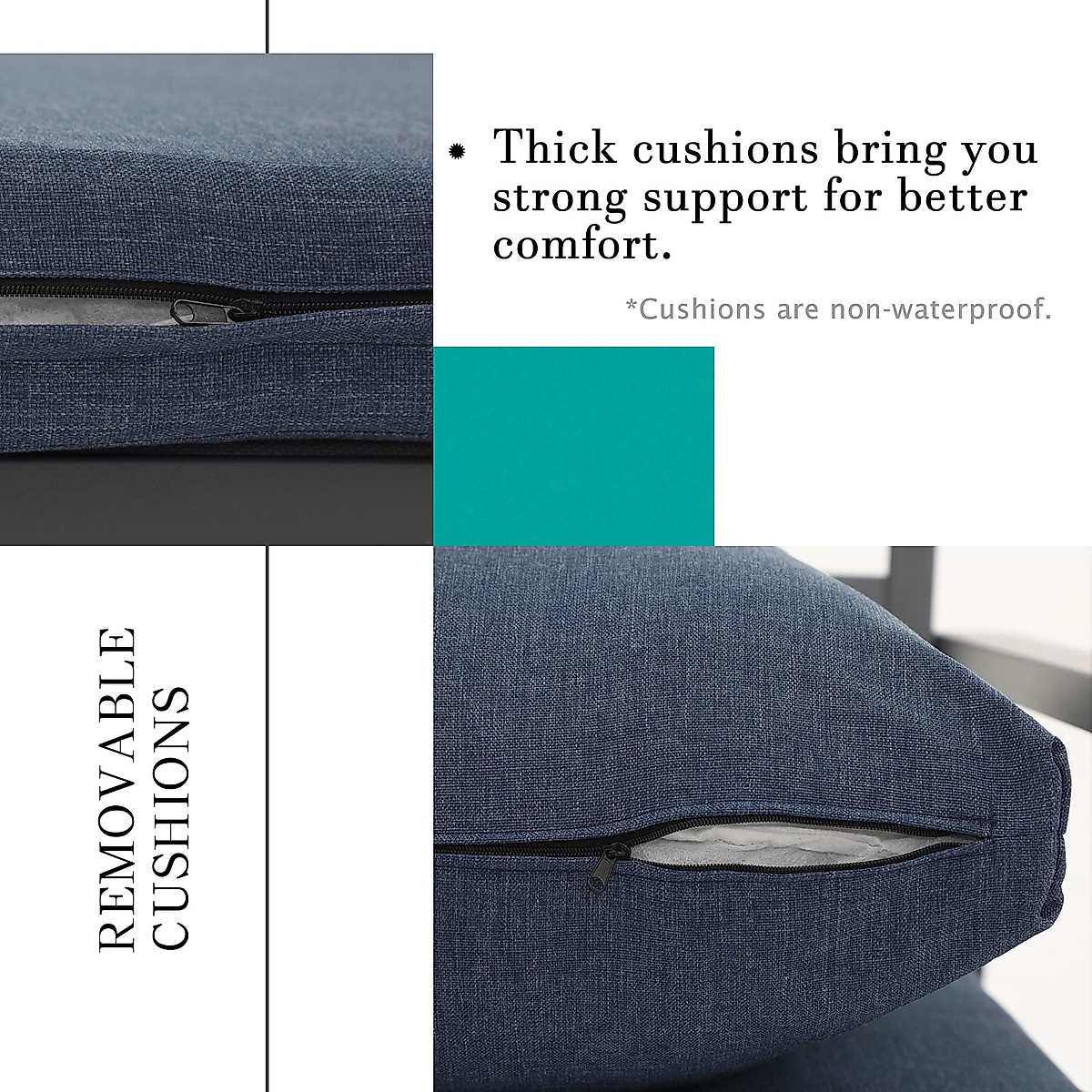 Soleil Jardin 4-Piece Aluminum Outdoor Patio Furniture, Patio Conversation Sofa Set with Removable Cushions, Tempered Glass Top Coffee Table, Dark Grey Finish & Denim Blue Cushion