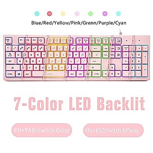 VINMEN Pink Gaming Keyboard with 7 Color LED Backlit Wired USB 104 Keys Keyboard Waterproof Fresh Style Computer Game Keyboard for PC Mac Laptop