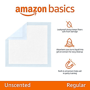 Amazon Basics Dog and Puppy Pee Pads with Leak-Proof Quick-Dry Design for Potty Training, Standard Absorbency, Regular Size, 22 x 22 Inches, Pack of 150, Blue & White