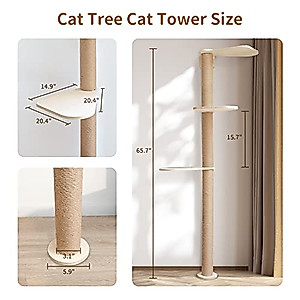 Wood Cat Tower Floor to Ceiling Adjustable, Cat Tree Tall Cat Scratching Post, Cat Wood Tree with 3-Tier Floor for Climb, Cat Climbing Tower Vertical with Natural Sisal Rope