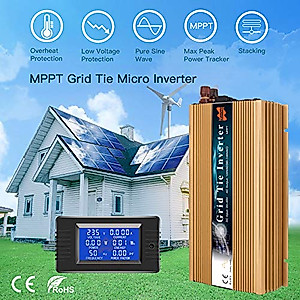 Marsrock 1300W Grid Tie Inverter Auto 20-50VDC(30v, 36v Solar) to 90~140VAC(110V AC) MPPT Pure Sine Wave Inverter for Max 1500W Solar or Wind Power Input (Golden)