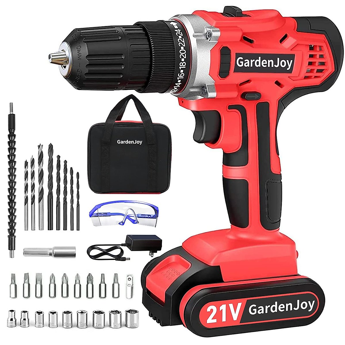 GardenJoy Cordless Power Drill Set: 21V Electric Drill with Fast Charger 3/8-Inch Keyless Chuck 2 Variable Speed 24+1 Torque Setting and 30pcs Drill/Driver Bits with Power Tool Bag