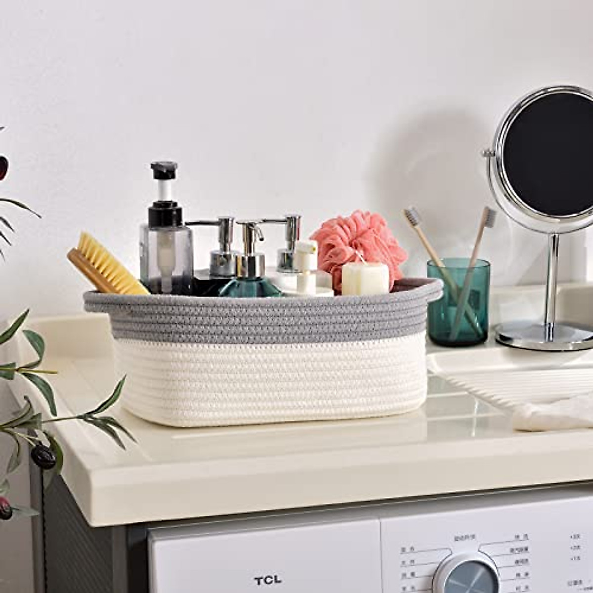 OIAHOMY Cotton Rope Storage Basket, Set of 5 Woven Baskets for Organizing with Handles, Decorative Basket for Baby Nursery, Dog Cat Toy Baskets - Grey & White