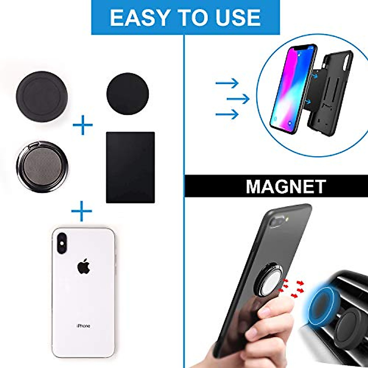 Rngeo Finger Ring Stand & Magnetic Mount Set, Pack of 4 Universal Thin 360 Degree Rotation Phone Rings & Air Vent Cell Phone Holder for Car, Compatible with All iPhone & Android Smartphones