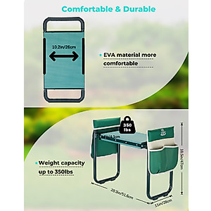 DEERFAMY Garden Stool 10.2" Width, Garden Kneeler and Seat Load Cap 350 lbs, Heavy Duty Gardening Stool with Extra Kneeling Pad, 2 Tool Pouches, Claw Gloves, Gift for Women Seniors, Green