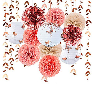 Rose Gold Party Decoration Blush Pink Tissue Flowers Pom Pom Paper Lantern with Leaf Garland 3D Butterfly for Wedding Engagement Birthday Baby Bridal Shower Bachelorette Tea Party Decorations Supplies