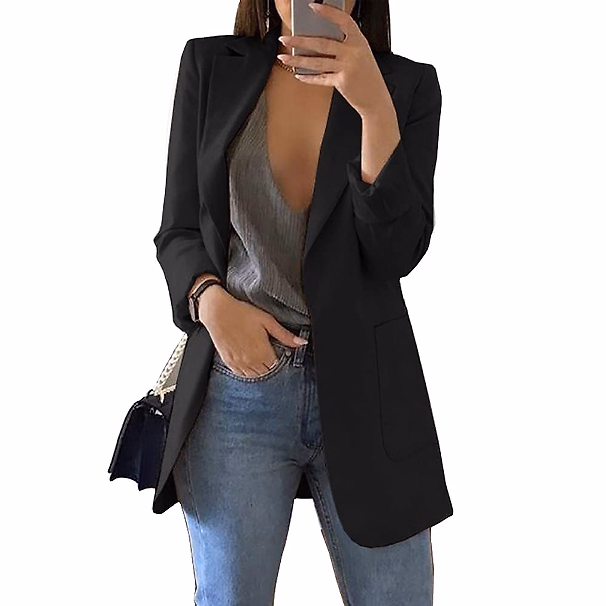 Cnkwei Womens Casual Blazers Open Front Long Sleeve Lapel Collar Work Office Jacket Black