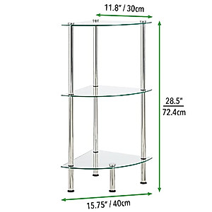 mDesign Bathroom Floor Storage Corner Tower, 3 Tier Open Glass Shelves - Compact Shelving Display Unit - Multi-Use Home Organizer for Bath, Office, Bedroom, Living Room - Clear/Chrome Metal