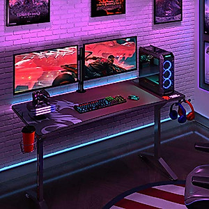 SEVEN WARRIOR Gaming Desk 60INCH with Dual Monitor Mount, Carbon Fiber Surface Gamer Desk with Full Desk Mouse Pad, Ergonomic Y Shaped Gamer Table with Outlet Organizer, Gaming Rack