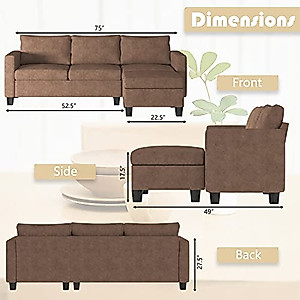 Shahoo Convertible Sectional Sofa Couch L-Shaped Settee with Soft Seat, Comfortable Backrest and Modern Linen Fabric for Small Space, Living Room, Brown