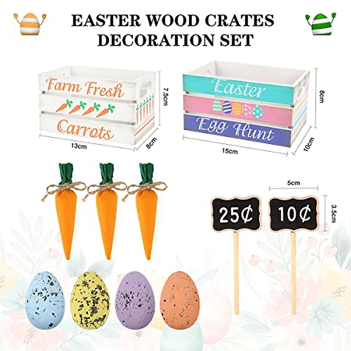 Easter Wooden Storage Crates Spring Mini Crate Decorations Easter Tiered Tray Decor Rustic Farmhouse Wood Box with Decorative Eggs Carrots for Easter Spring Home Decor Table Centerpiece