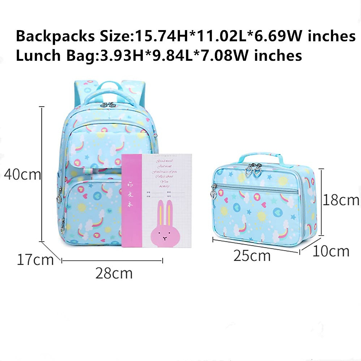Rainbow Backpack Set with Lunch Bag Bookbag for Girls 2pcs SchoolBag for Preschool Kindergarten Toddler Kids School Backpack