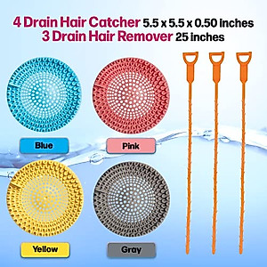 Drain Hair Catcher Drain Clog Remover, 7pcs Bathroom Accessories Set, 4 Durable Silicone Shower Hair Drain Catcher, 3 Drain Snake Hair Remover 25in, Cleaner Sink Stopper for Tub Bathtub and Kitchen