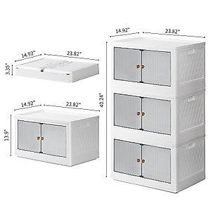 EHAMILY 19 Gal Stackable Storage Bins with Lids 3 Pack,Collapsible Storage Bins with Doors Plastic Folding Storage Box with Wheel,Large Foldable Storage Boxes for Dormroom Clothes,Grey