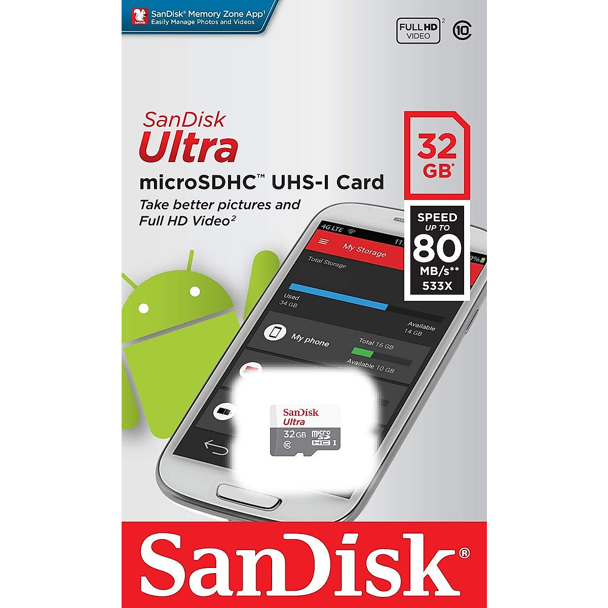 Sandisk 32GB 32G Micro SDHC Ultra (10 Pack) MicroSD TF Flash Memory Card High Speed Class 10 SDSQUNR-032G-GN3MN with Everything But Stromboli Memory Card Reader