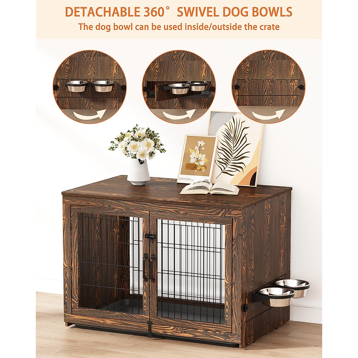 Piskyet Wooden Dog Crate Furniture with 360°Rotatable Removable Dog Bowls, Dog Crate End Table with Tray, Double Doors Dog Kennels for Dogs(M:31.8" L*22.1" W*24.1" H, Rustic Style)