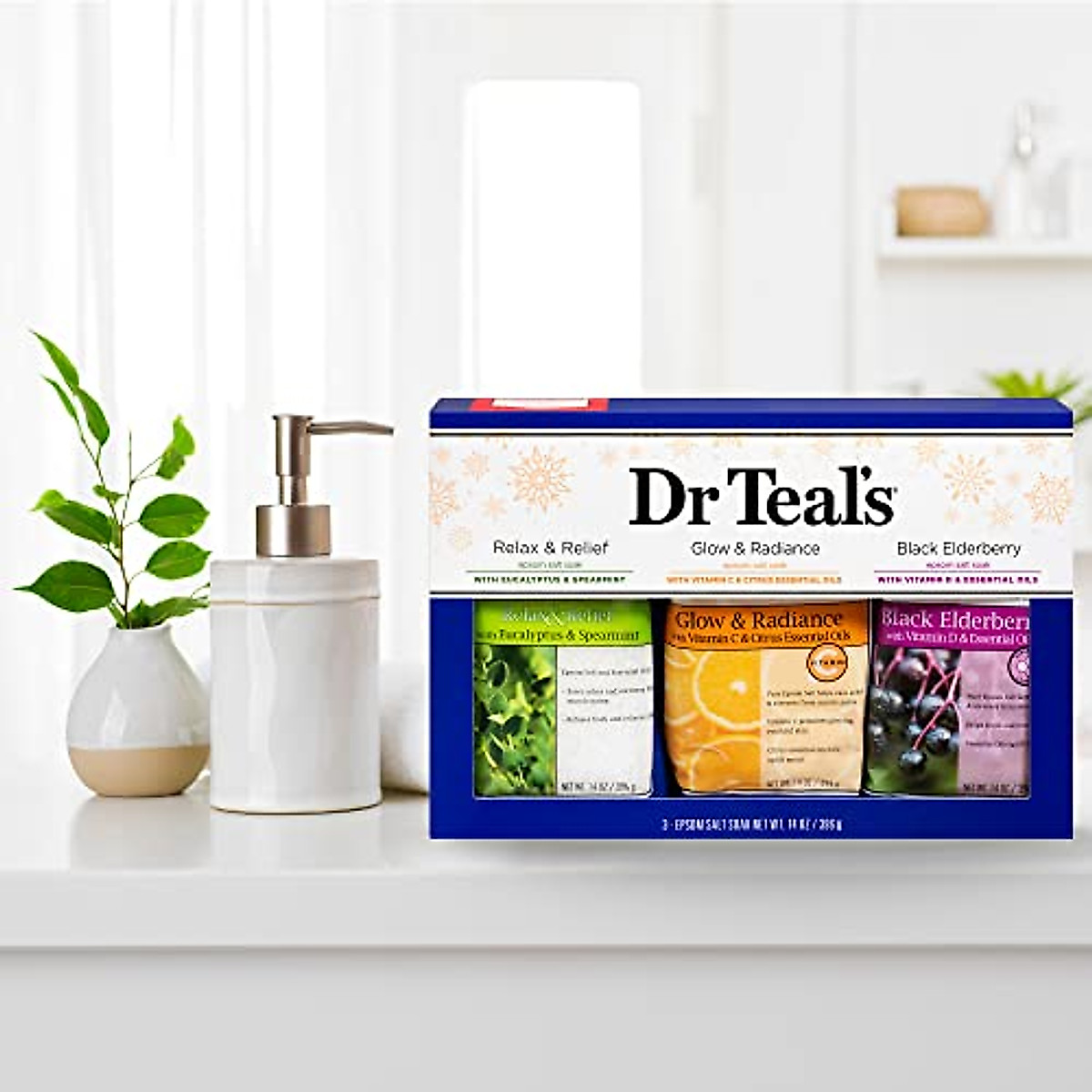 Dr Teal's Epsom Salt Variety Pack Gift Set (Relax & Relief with Eucalyptus & Spearmint, Glow & Radiance with Vitamin C & Citrus, and Black Elderberry with Vitamin D & Essential Oils 14 oz. Bags).