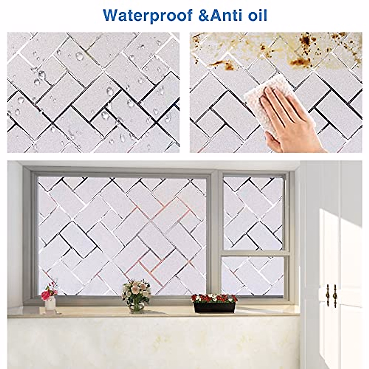 FYY Window Privacy Film, Frosted Glass Covering, Non Adhesive Static Cling Window Stickers, Opaque UV Blocking Heat Control Glass Door Stickers for Bathroom Office Hospital - Matte Lattice, 45x200CM