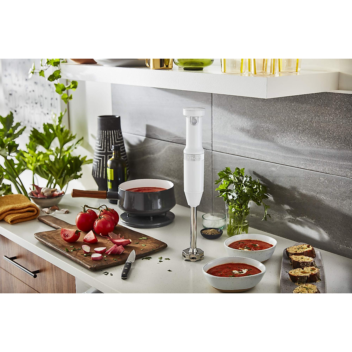 KitchenAid Cordless Variable Speed Hand Blender with Chopper and Whisk Attachment - KHBBV83, White