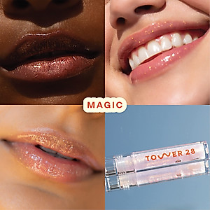 Tower 28 ShineOn Lip Jelly, MAGIC, Non-Sticky Lip Gloss, Clear with Gold Shimmer Vegan Lip Gloss, Moisturizing Apricot and Raspberry Seed Oil, Cruelty Free