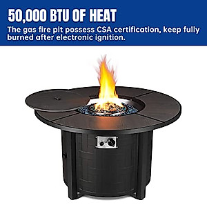 Outdoor Propane Firepit Table, 42Inch, 50,000 BTU Auto-Ignition Rounded Fireplace with Waterproof Table Cover, Lid and Blue Stone, CSA Certification, for Patio and Garden