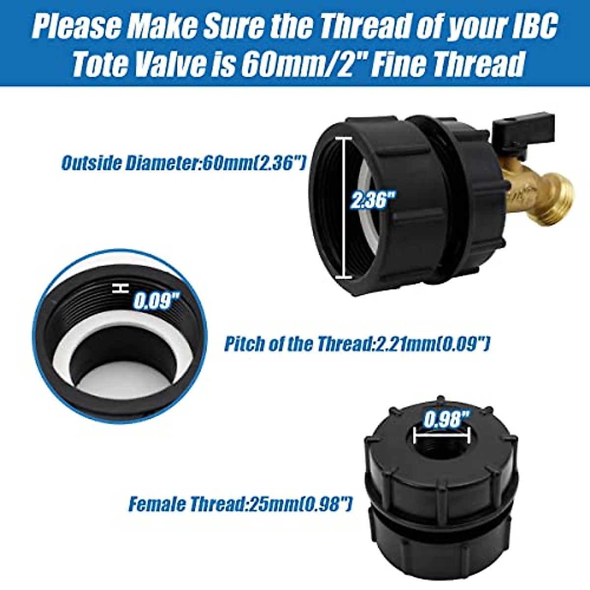 KAKSEY IBC Tote Fittings, IBC Tank Adapter 2" Fine Thread (NPT Fine Adapter x Coarse Thread) + Lead-Free 3/4" Brass Hose Faucet Valve with Butterfly Valve for Garden Hose Connector