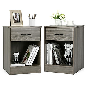 VOWNER 2 PCS Grey Nightstand with Drawer and Storage Shelf, Bedside Table End Tables, File Cabinet Storage with Sliding Drawers and Shelf for Bedroom